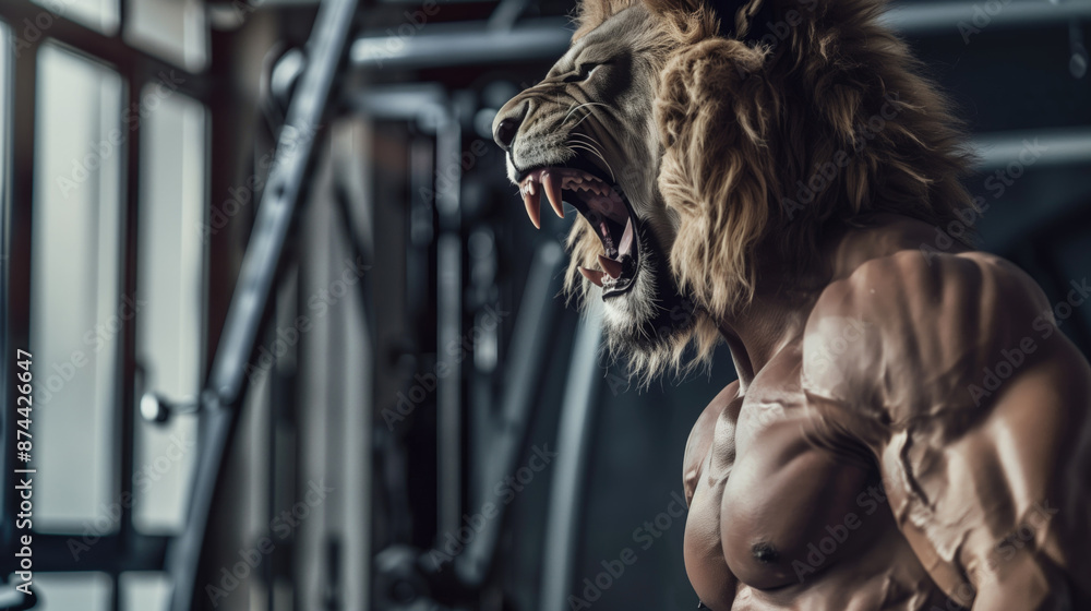 Bodybuilder with lion head roaring intensely in a gym with equipment in ...