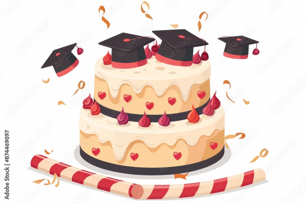 A delicious cake adorned with edible graduation caps and diplomas ...