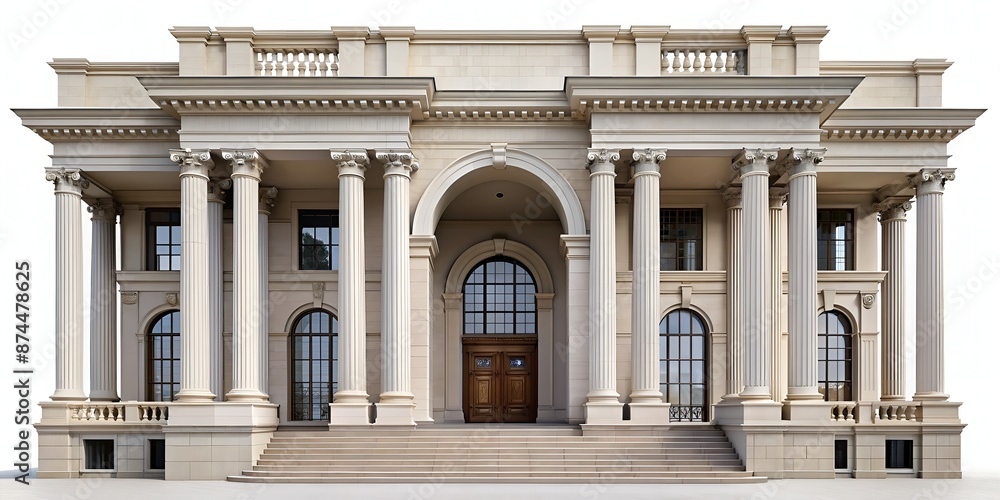 Elegant columns and arches adorn the facade of a stately office ...