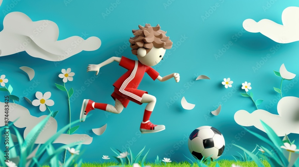 3D Cartoon Soccer Player Kicking a Ball in a Papercraft Landscape Stock ...