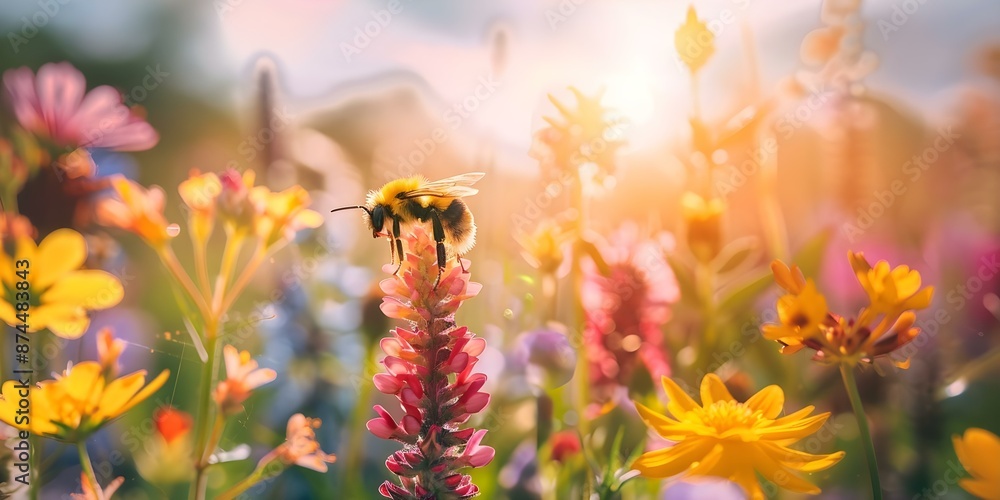 Bee pollinating colorful flower in field highlights vital role of ...