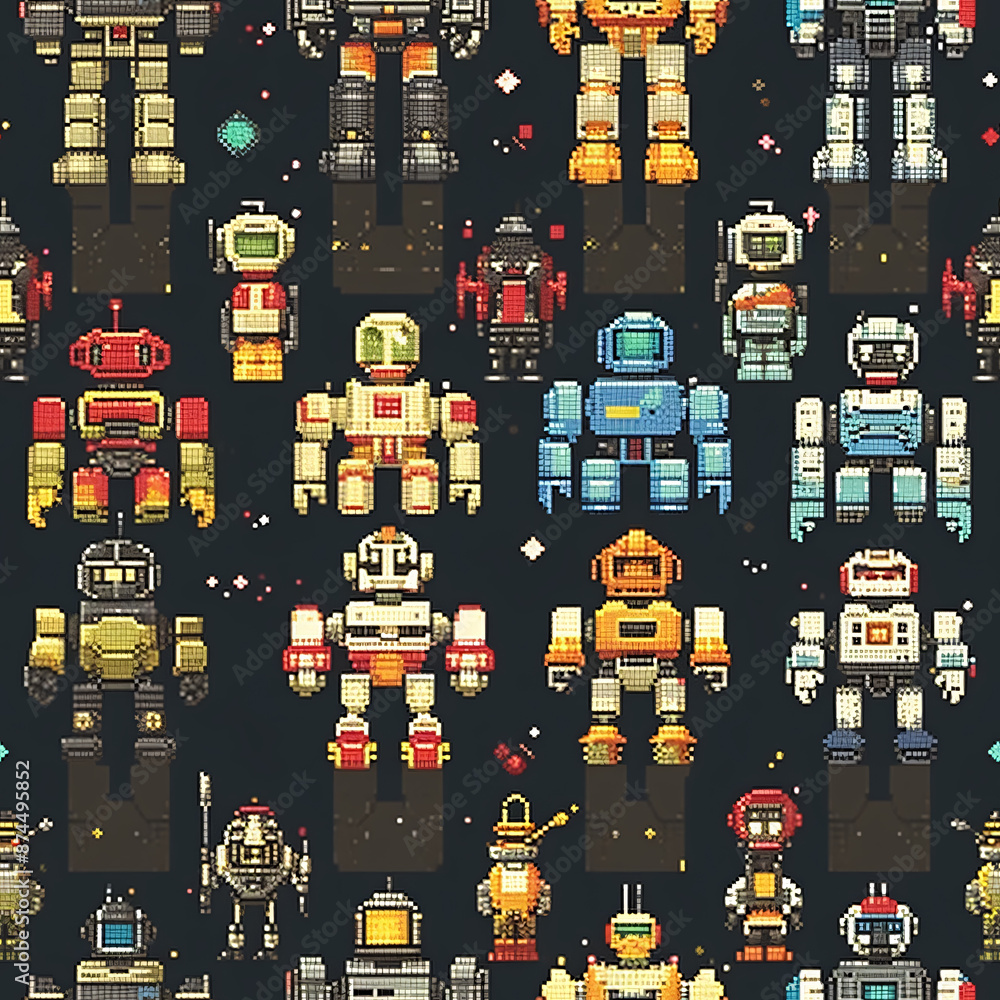 Pixel art template of vintage robots, with different designs and poses ...