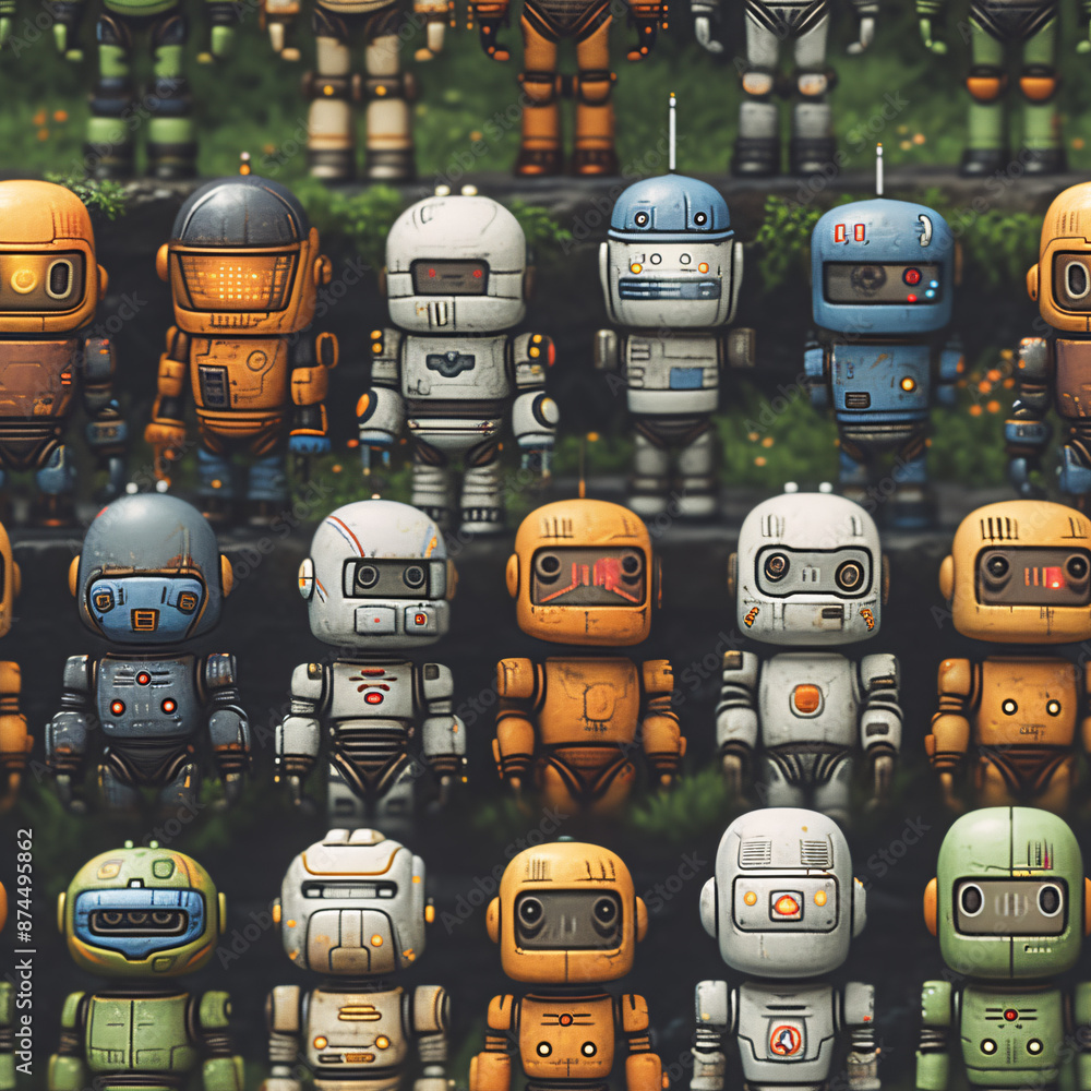 Ilustración de Stock Pixel art template of vintage robots, with ...