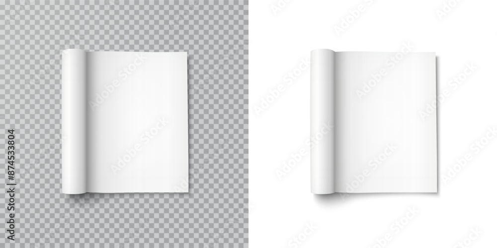 Magazine with rolled white paper pages isolated on transparent ...