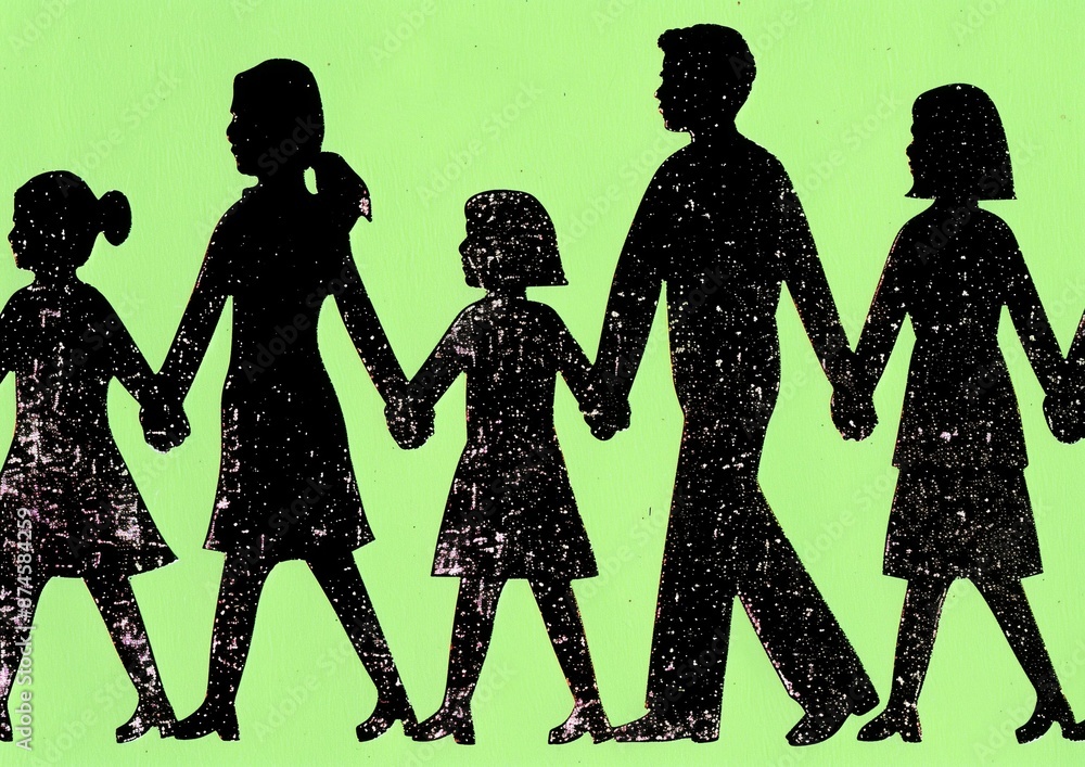 Family Unity Illustration with Silhouettes Holding Hands on Green ...