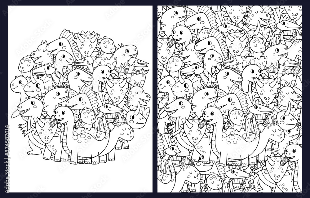 Doodle dinosaurs coloring pages set. Black and white templates bundle ...