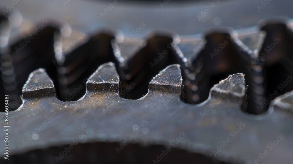 An extreme closeup of the gear teeth highlighting the sharp edges and ...