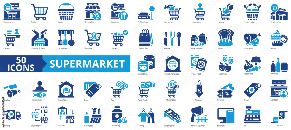 Supermarket icon collection set. Containing trolley, basket, grocery ...