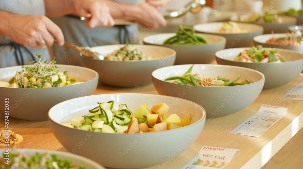 A chefs table laden with vegetarian dishes each labeled with ...