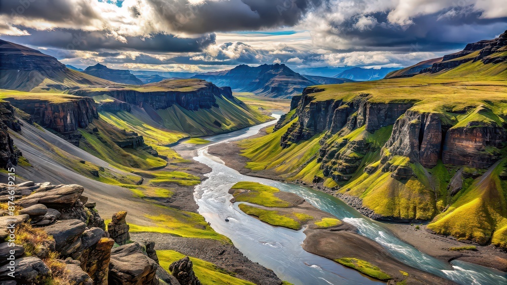 Spectacular landscape view of Thakgil mountains, canyon, and river in ...