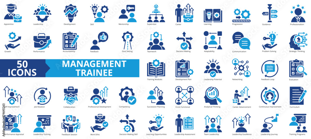 Management trainee icon collection set. Containing apprentice ...