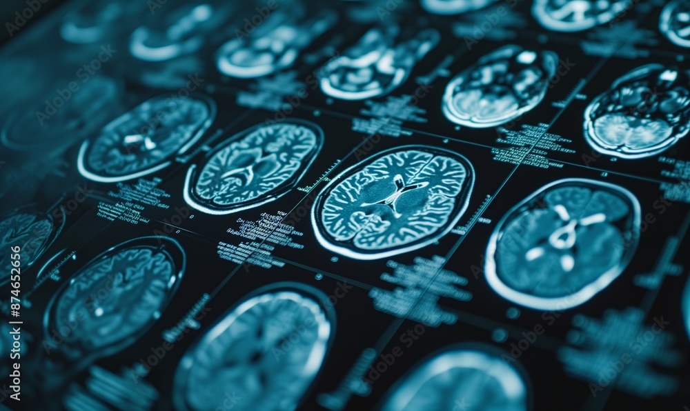 Multiple MRI brain scans showing different angles and sections. Medical ...