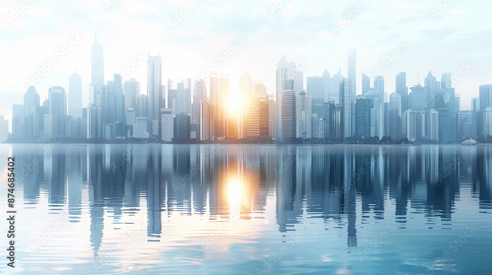 Abstract city with tall buildings and reflective surfaces. Modern urban ...