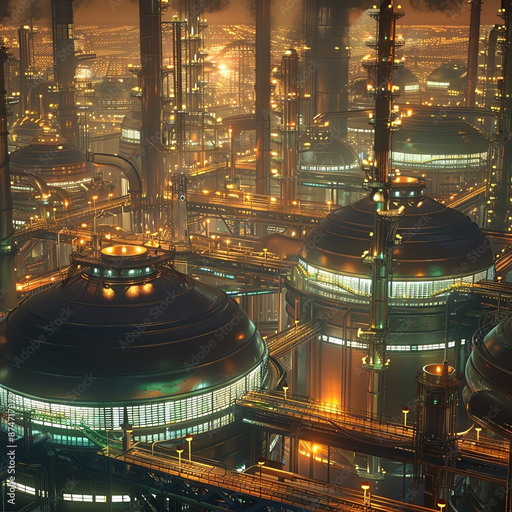 Futuristic refinery with crude oil storage tanks, representing energy ...
