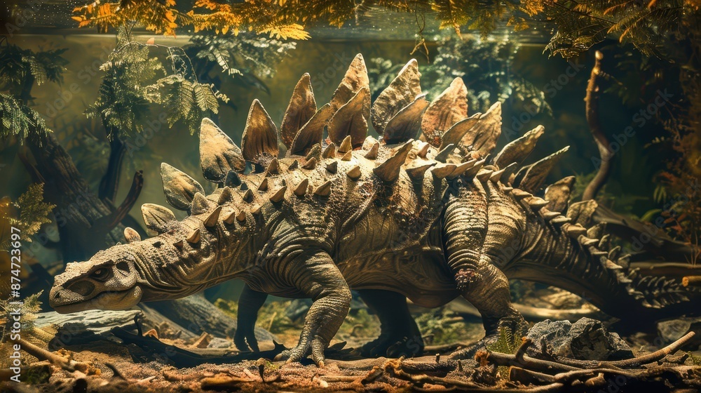 Realistic model of a stegosaurus, a dinosaur known for its distinctive ...