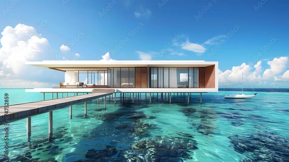 An architectural rendering of a small luxury home on stilts over water ...