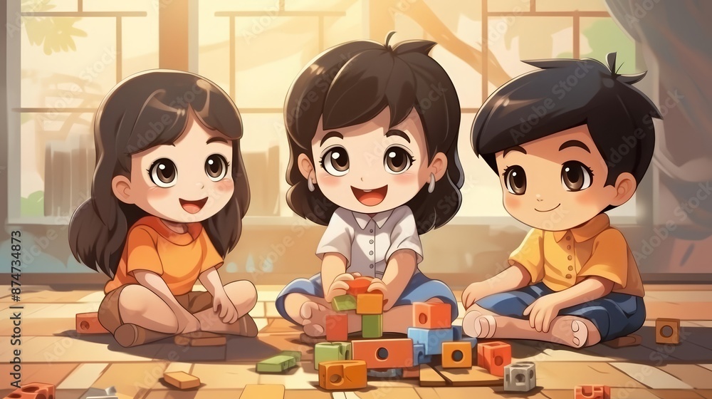 Children playing with blocks cartoon flat design front view school ...