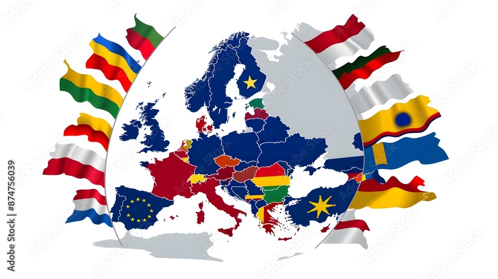 Detailed Map of European Continent with Country Flags and Borders Stock ...