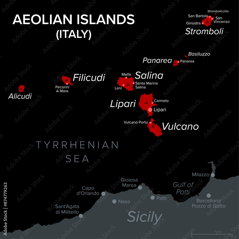 Image vectorielle Stock Aeolian Islands in Italy, dark political map ...
