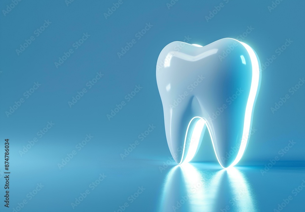 white tooth icon with glowing halo on blue background, concept of ...