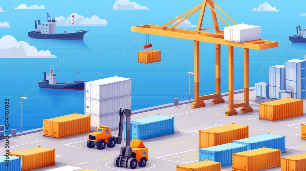 Dockside scene, featuring a freight depot, cranes and forklifts moving ...
