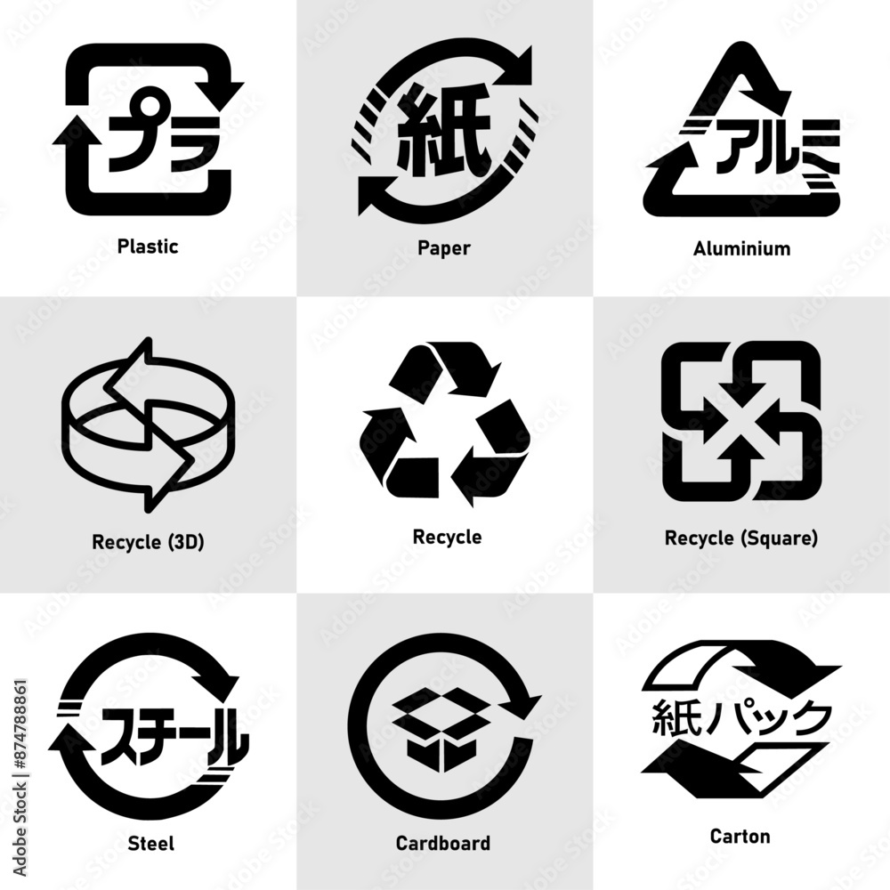 Japanese recycle icon set- Plastic, Paper, Aluminium, Recycle (3D ...