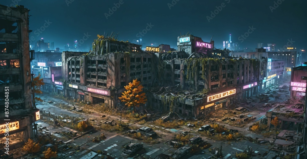 dark dystopian cyberpunk abandoned derelict city buildings parking lot ...