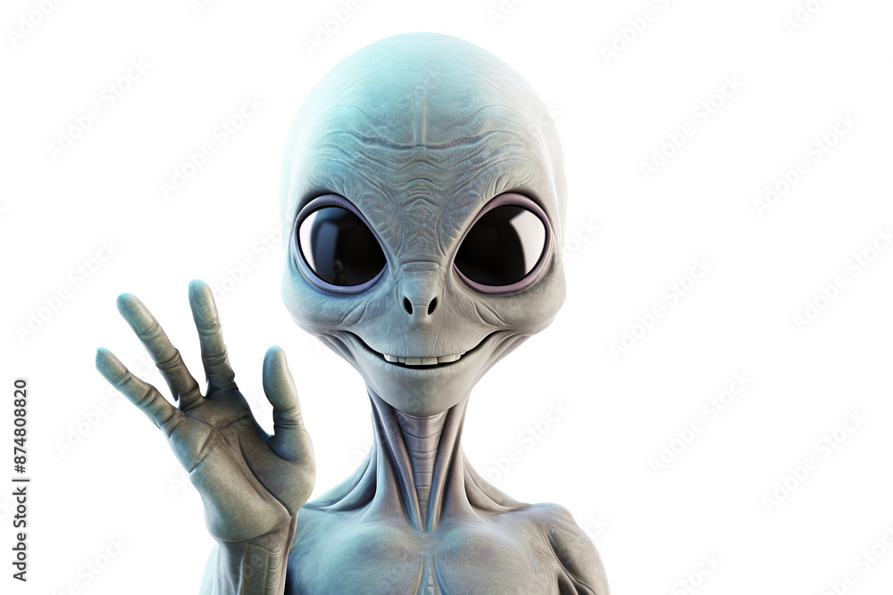 Smiling aliens waving greeting in futuristic arrival scene with ...