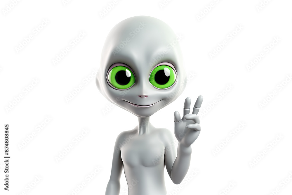 Smiling aliens waving greeting in futuristic arrival scene with ...