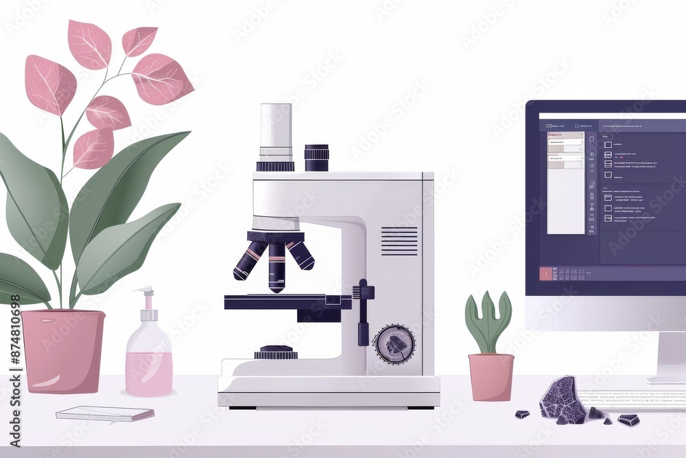 Modern laboratory setup with microscope, plants, and scientific equipment on a neat desk ...
