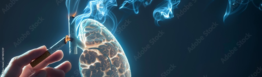 Dangers of smoking: smoker holding cigarette, smoke coming out of lungs ...