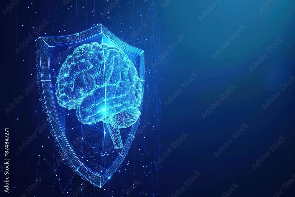 Human brain in guard shield. Cyber security concept with glowing low ...