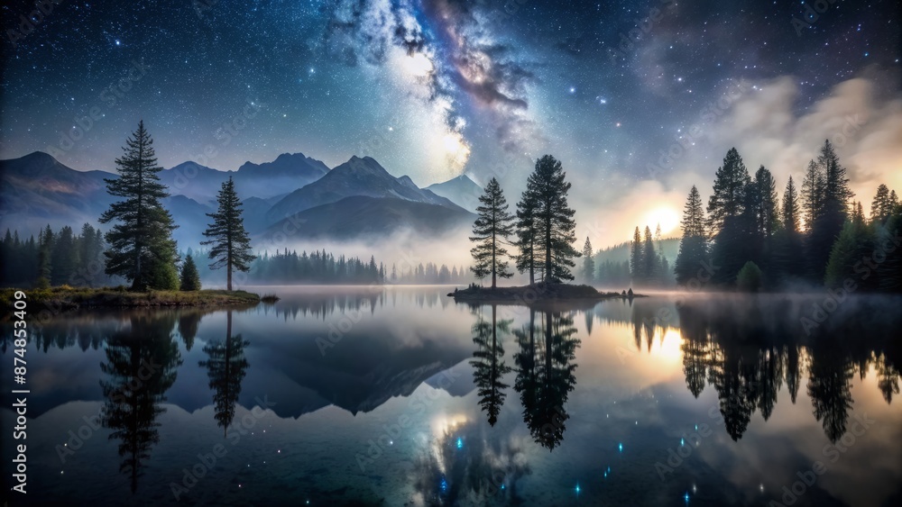 Dark misty mountainscape with serene lake reflection, subtle fog, and ...