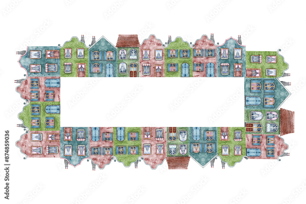 Border frame with European vintage houses. Fabulous, cute brick two ...
