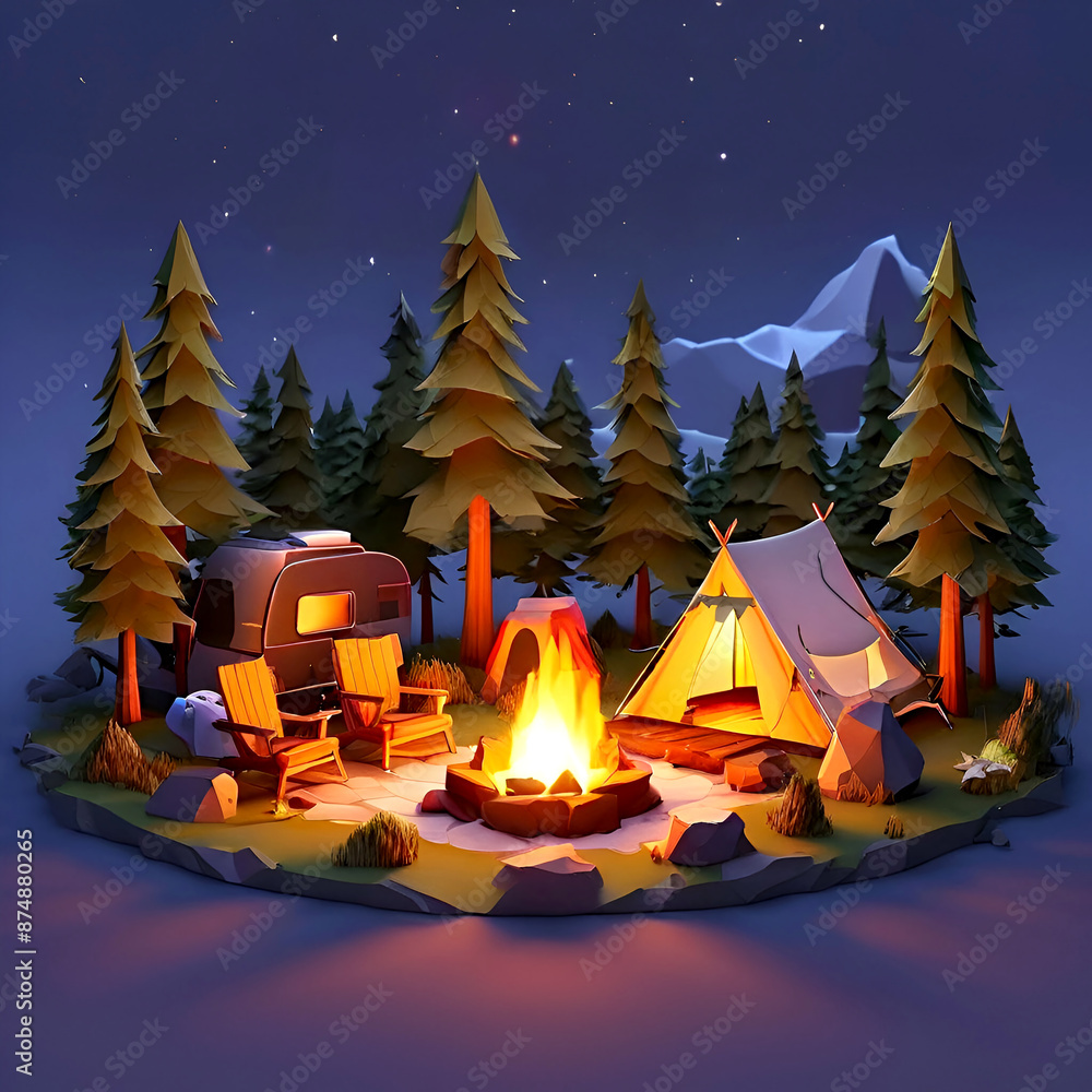 Camping-themed icons, safari tents nestled among the pine trees ...