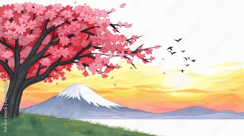 illustation of hanami, japan cherry blossom festival cartoon anime ...