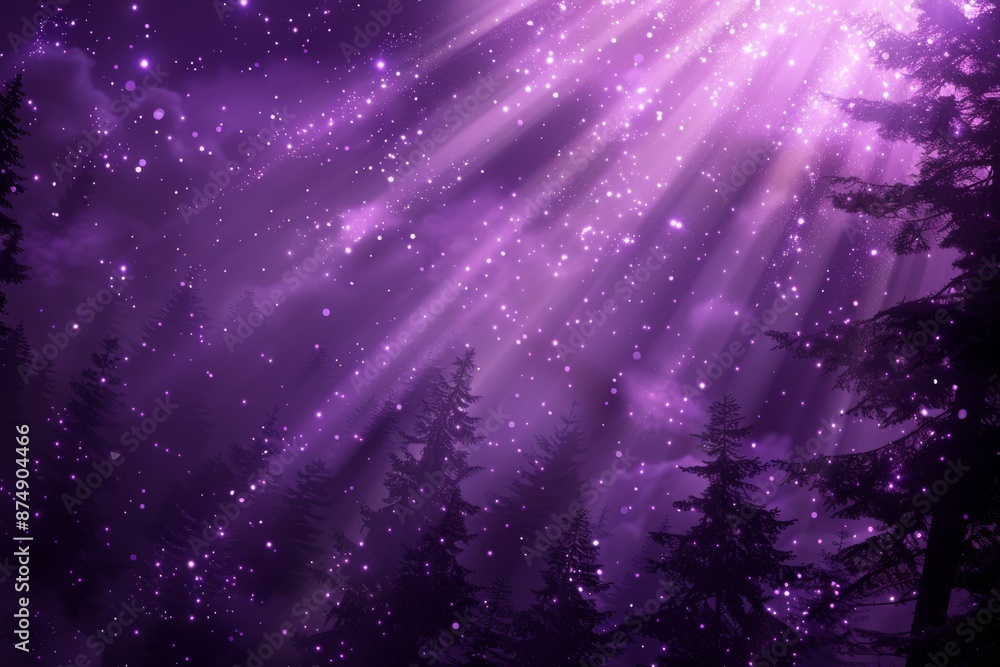 Purple starry sky with light beams creating a magical and cosmic ...