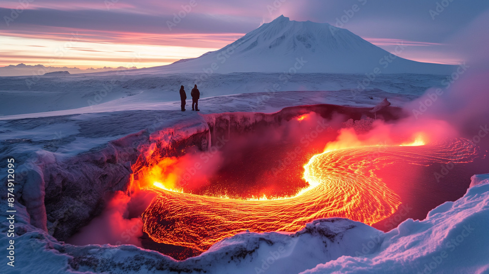 Fiery lava erupts amidst icy terrain. Eruption of Mount Erebus ...