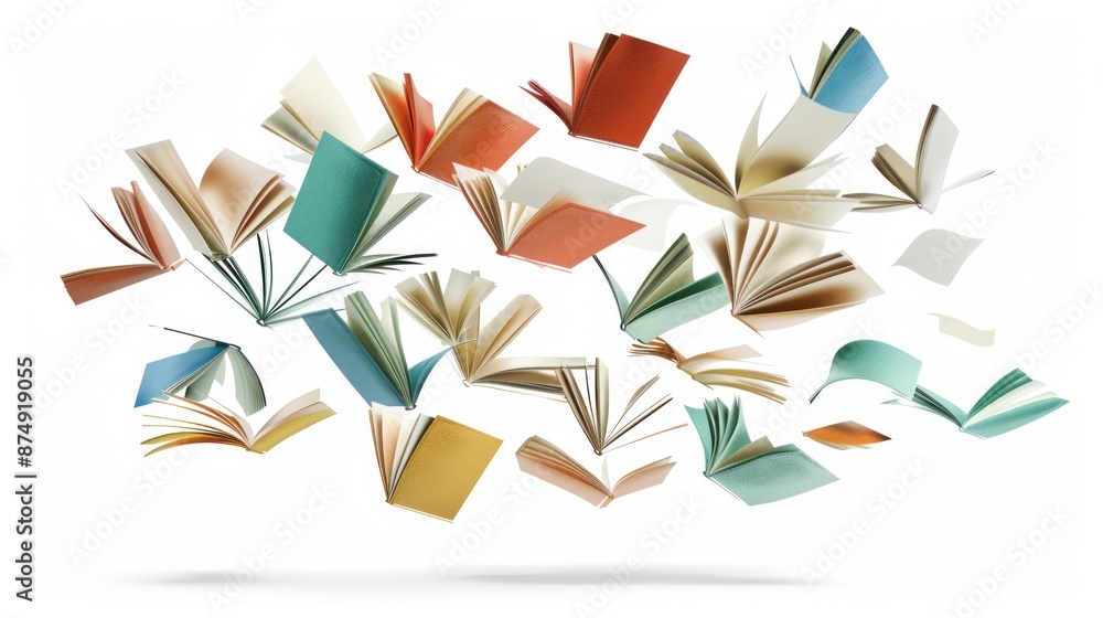 Open book falling isolated on white background, a book flying in the ...