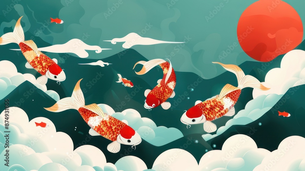 Koi fish in the traditional Japanese art style with red and white ...
