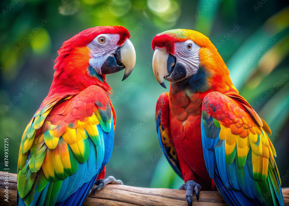 Two colorful parrots sit facing each other, their expressive faces and ...