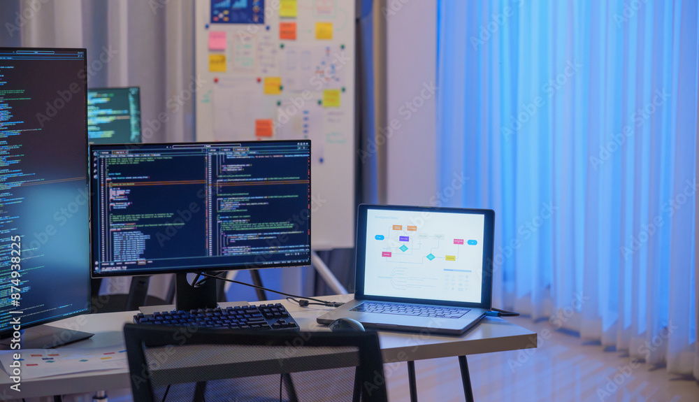 Stock-Foto „Software development office Workstation setup with multiple ...