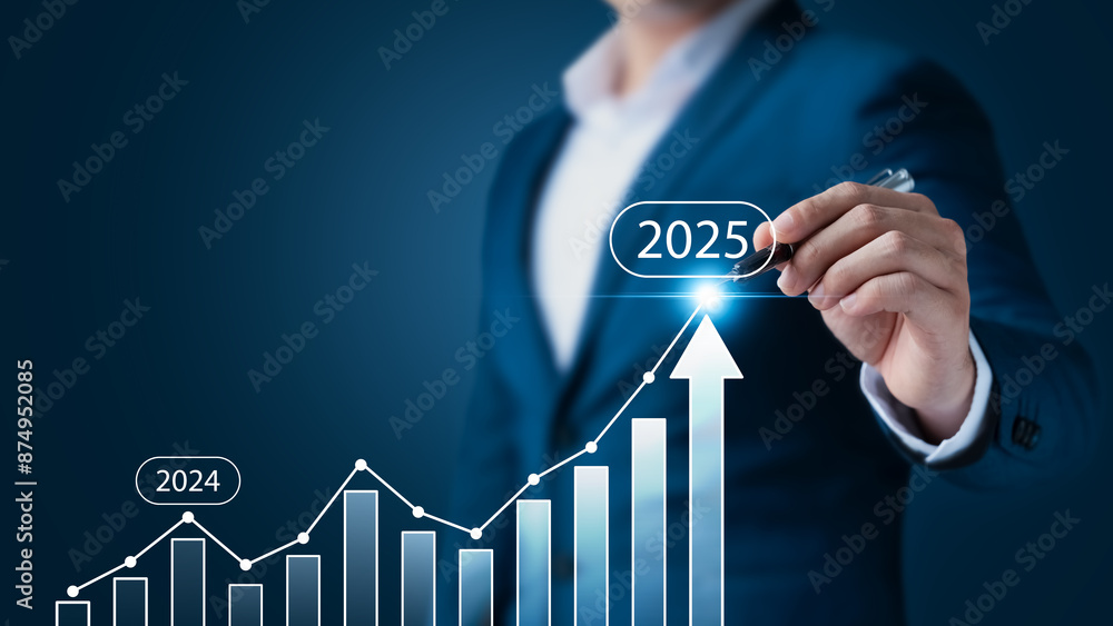 Businessman pointing at arrow graph New Year Business Goals 2025 ...