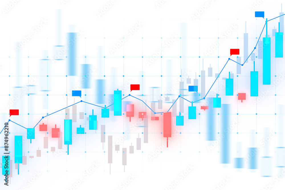 Abstract stock market chart with blue and red bars, a line graph on a ...