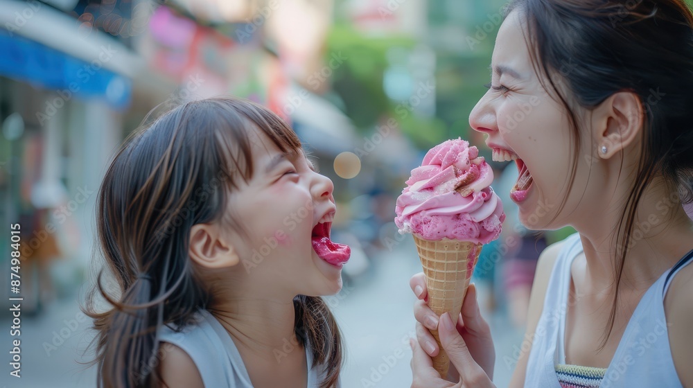 Mother and daughter eating ice cream together, laughing at each other's ...