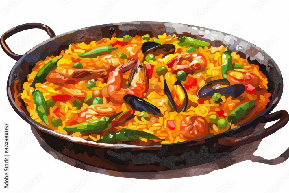 Detailed shot of a traditional Spanish paella, showcasing the rich ...