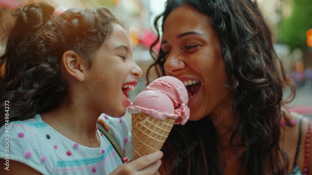 Foto de Stock Mother and daughter eating ice cream together, laughing ...