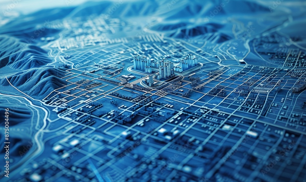 A detailed, technical blueprint showcasing urban planning and city ...