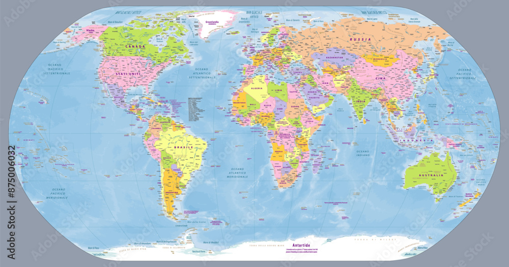 Political world map Italian language labeled natural earth projection ...