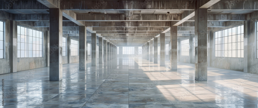 Open space large vand factory building concrete interior view. Stock ...